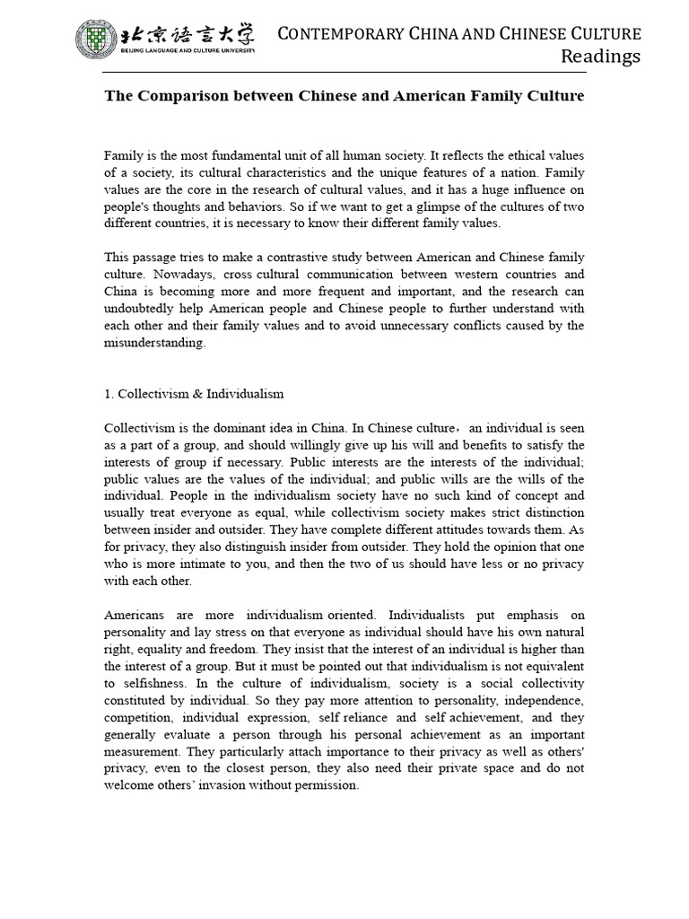 Chinese vs. American Family Culture | PDF | Marriage | Individualism
