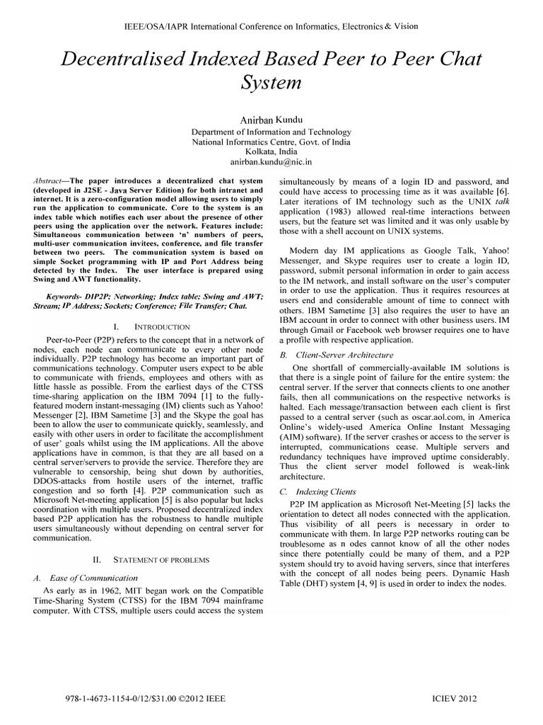 Decentralised Indexed Based Peer To Peer Chat System | PDF | Peer To Peer | Computer Network