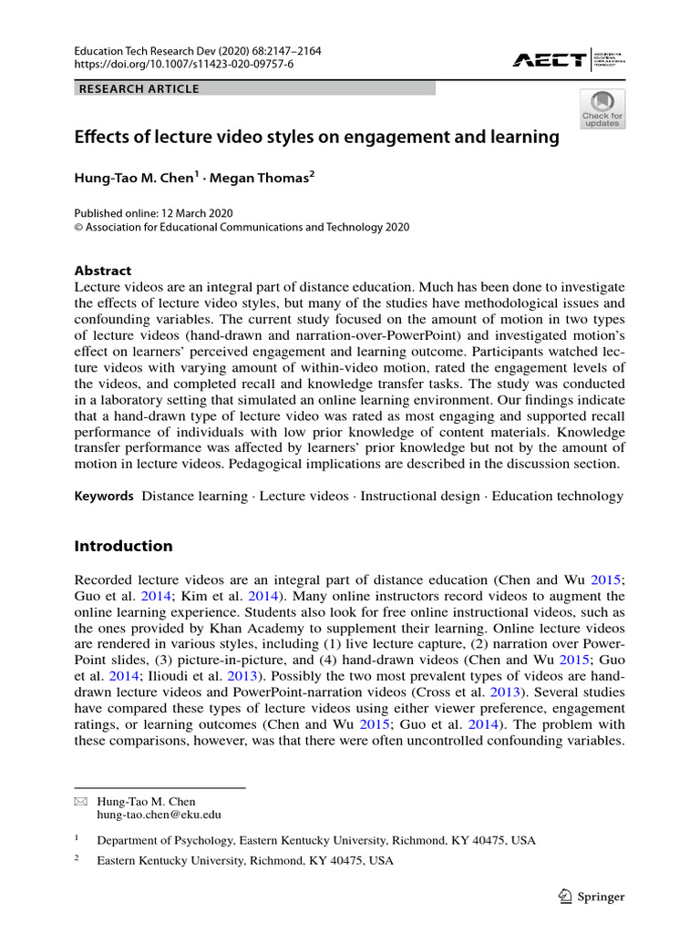 Effects of Lecture Video Styles On Engagement and Learning | PDF ...