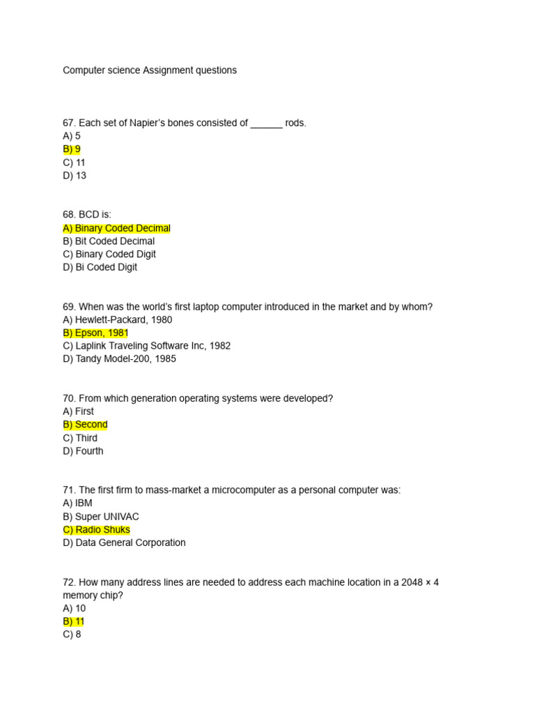 Cos 101 Assignment Answers | PDF | Binary Coded Decimal | Computer Memory