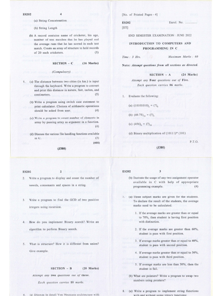 Introduction To Computers and Programming in C, ES202 (ET), June 2022 | PDF