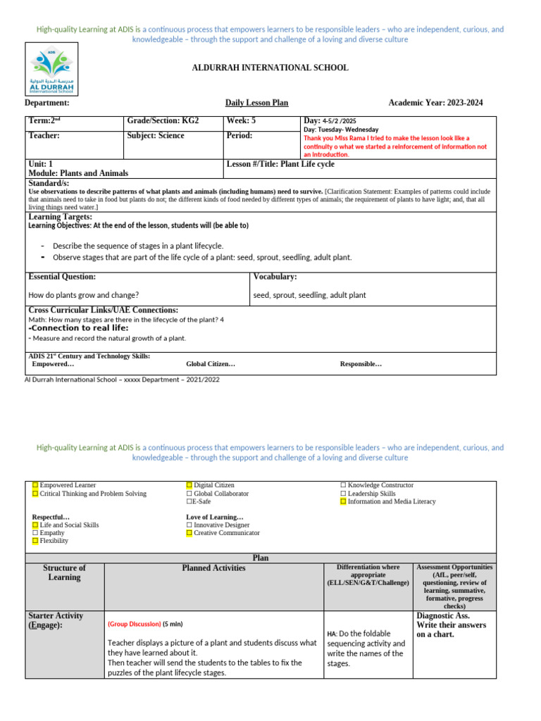 KG2 Science Lesson: Plant Life Cycle | PDF | Learning | Cognitive Science