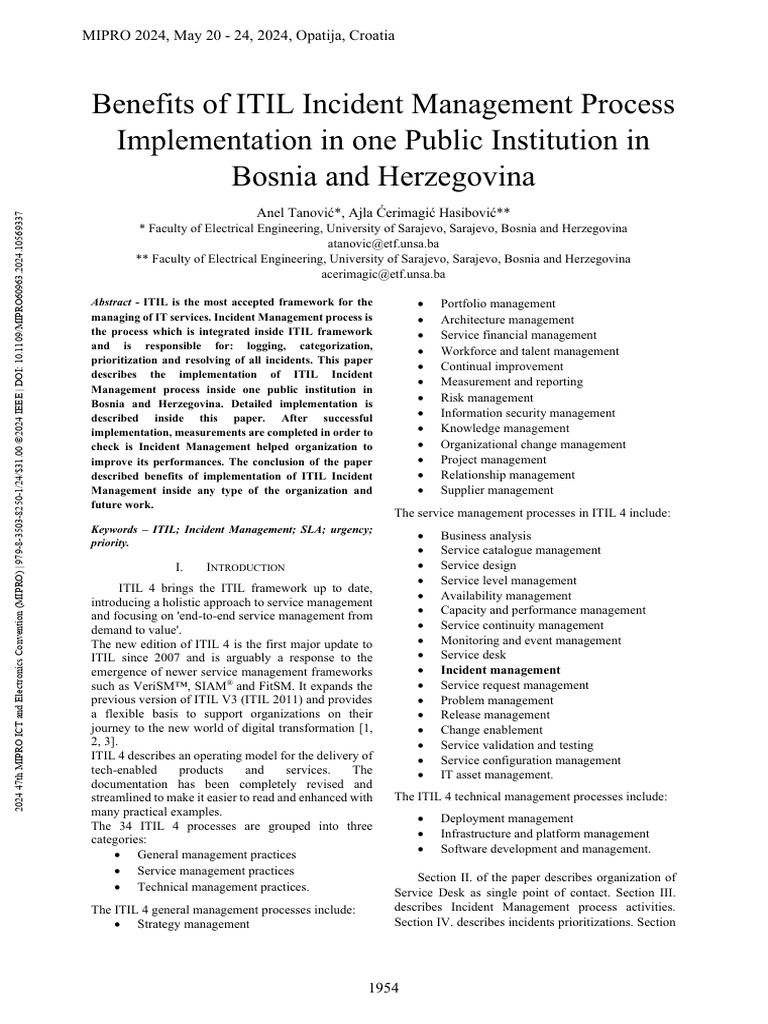 Tanović & Hasibović, 2024, Benefits of ITIL Incident Management Process ...