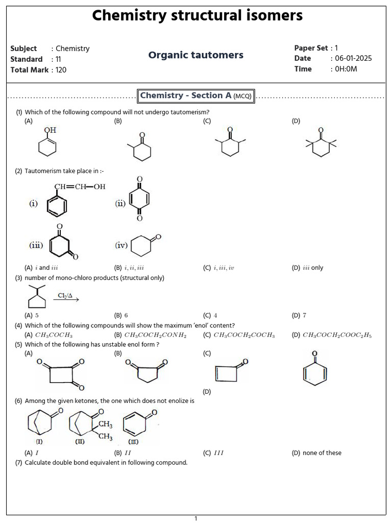Chemistry Structural Isomers & Tautomerism | PDF | Isomer | Stereochemistry