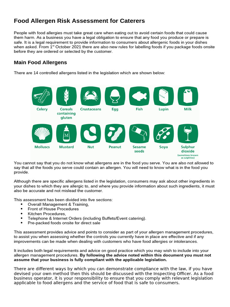 Food Allergen Risk Assessment For Caterers | PDF | Food Allergy | Allergy