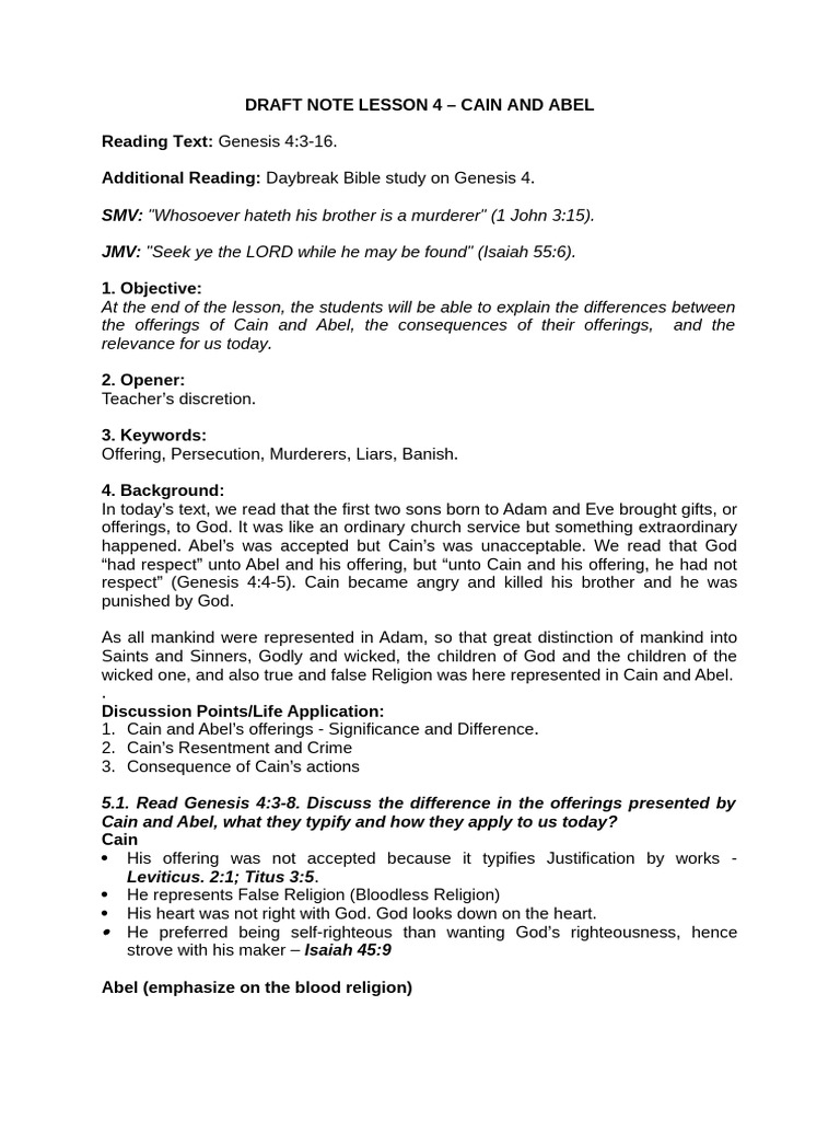 DRAFT NOTE LESSON 4 | PDF | Sin | Cain And Abel