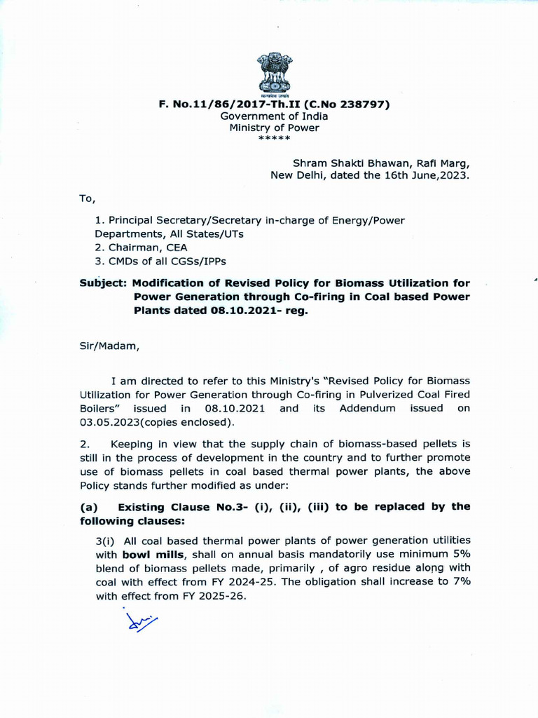 Modified Revised Biomass Policy Dated 16-06-2023 (Ministry of Power) | PDF