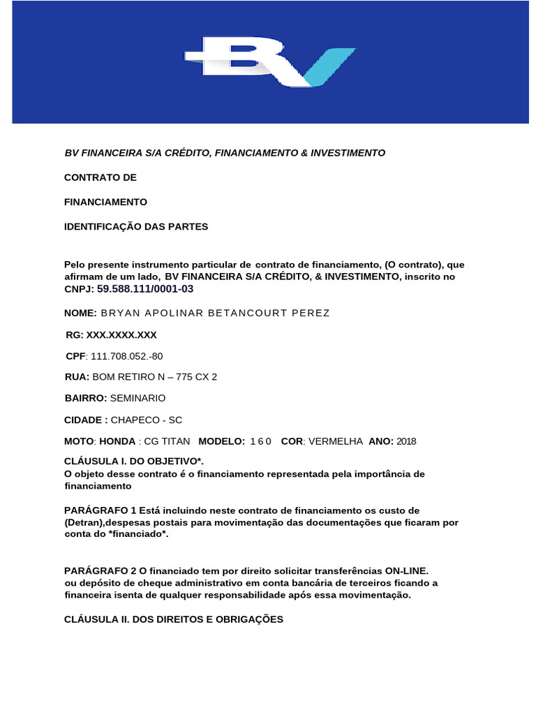 Contrato de Financiamento BV Financeira | PDF | Conta de transação