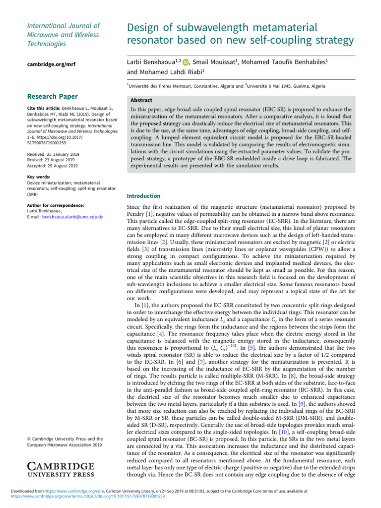 Design of Subwavelength Metamaterial Resonator Based On New Self ...