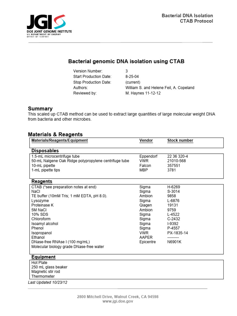 JGI Bacterial DNA Isolation CTAB Protocol 2012 | PDF | Biology ...