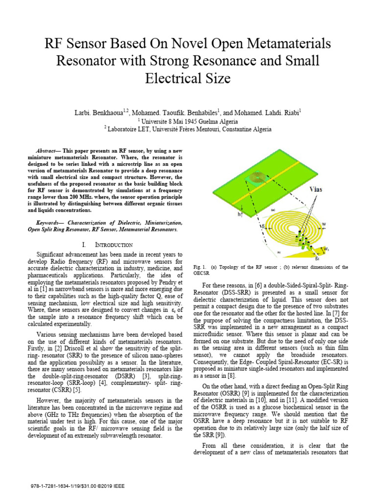 RF Sensor Based On Novel Open Metamaterials Resonator With Strong ...