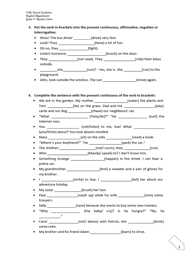 Present Continuous Exercises | PDF