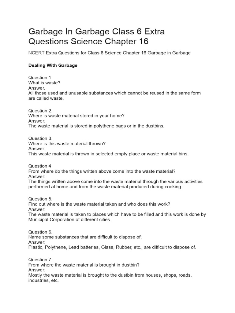 Garbage In Garbage Class 6 Extra Questions Science Chapter 16.docx | PDF | Municipal Solid Waste ...