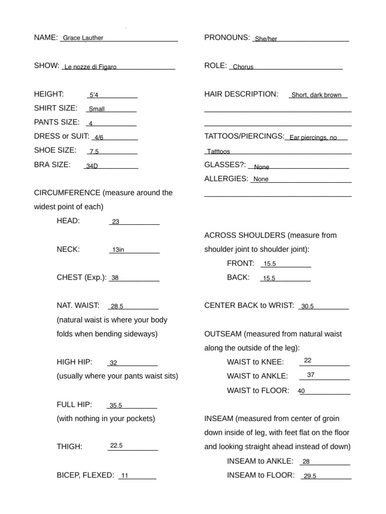 Simplified Measurement Sheet | PDF | Waist | Fashion