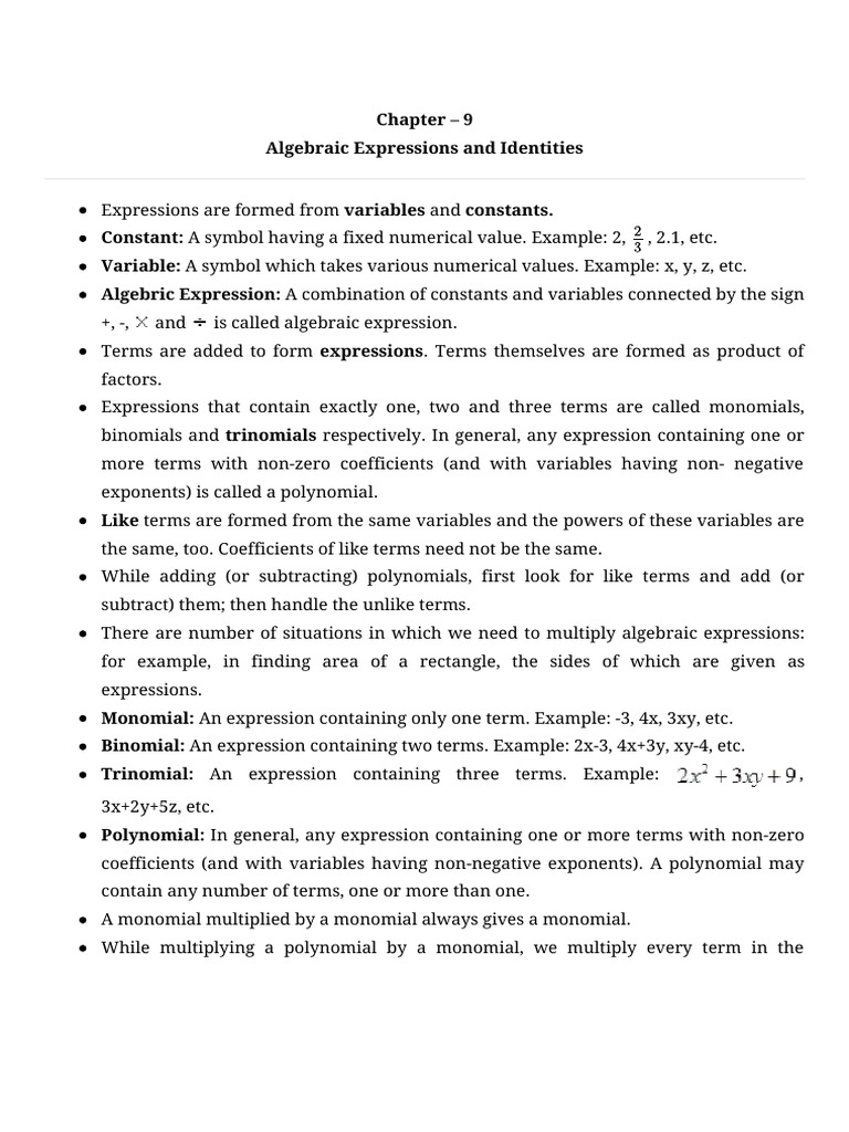 9. Algebraic Expressions and Identities | PDF | Polynomial | Factorization 9. Algebraic Expressions and Identities | PDF | Polynomial | Factorization