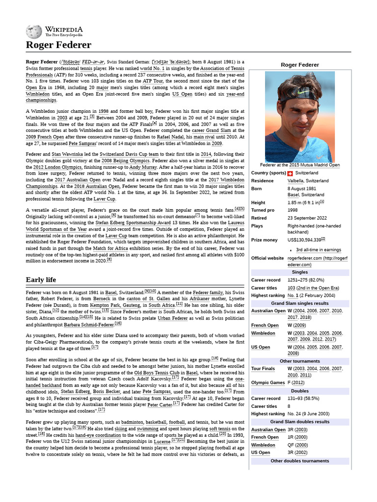 Roger Federer: Tennis Legend Overview | PDF | Roger Federer | Grand ...