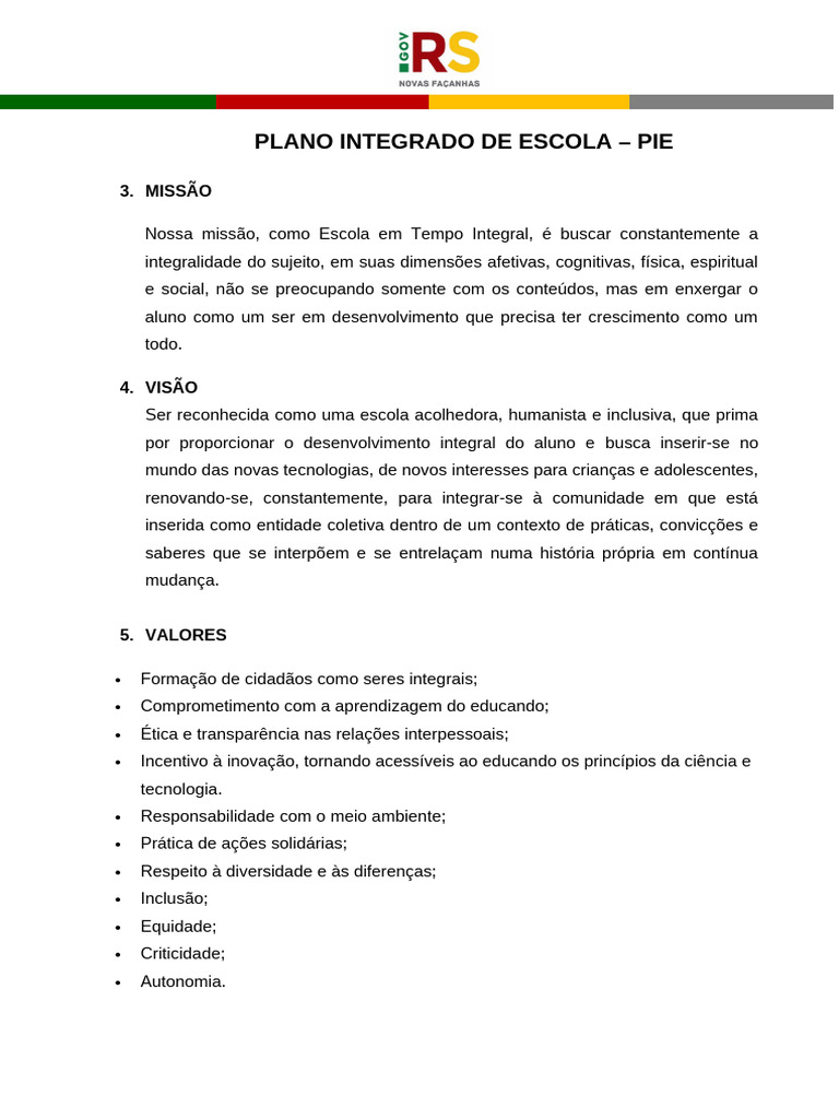 PLANO INTEGRADO DE ESCOLA CIEP SLG - Visão, Missão e Valores | PDF