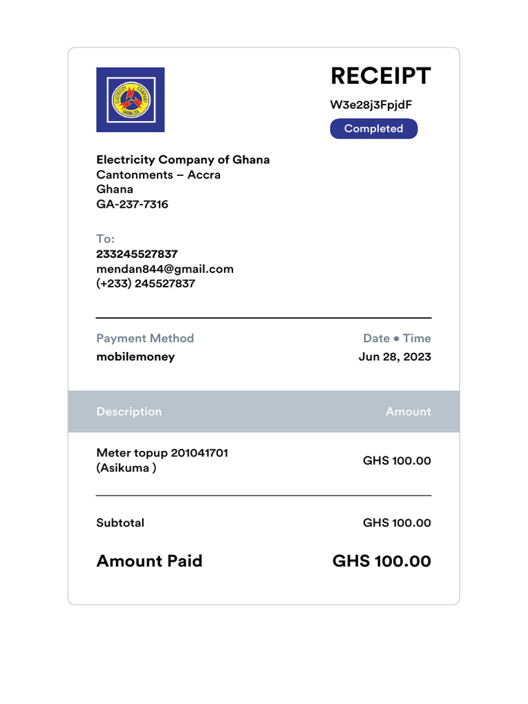 Electricity Payment Receipt - Ghana | PDF