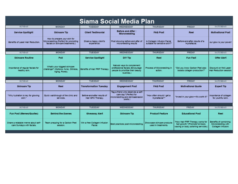 Siama Social Media Calendar - Sheet1 | PDF | Skin Care | Medical Treatments