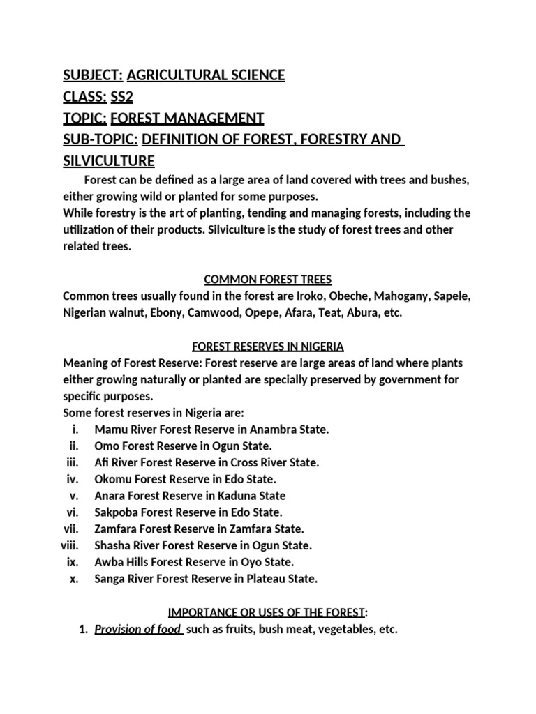 Ss2 Agric Note (Forest Management) | PDF | Agriculture | Deforestation