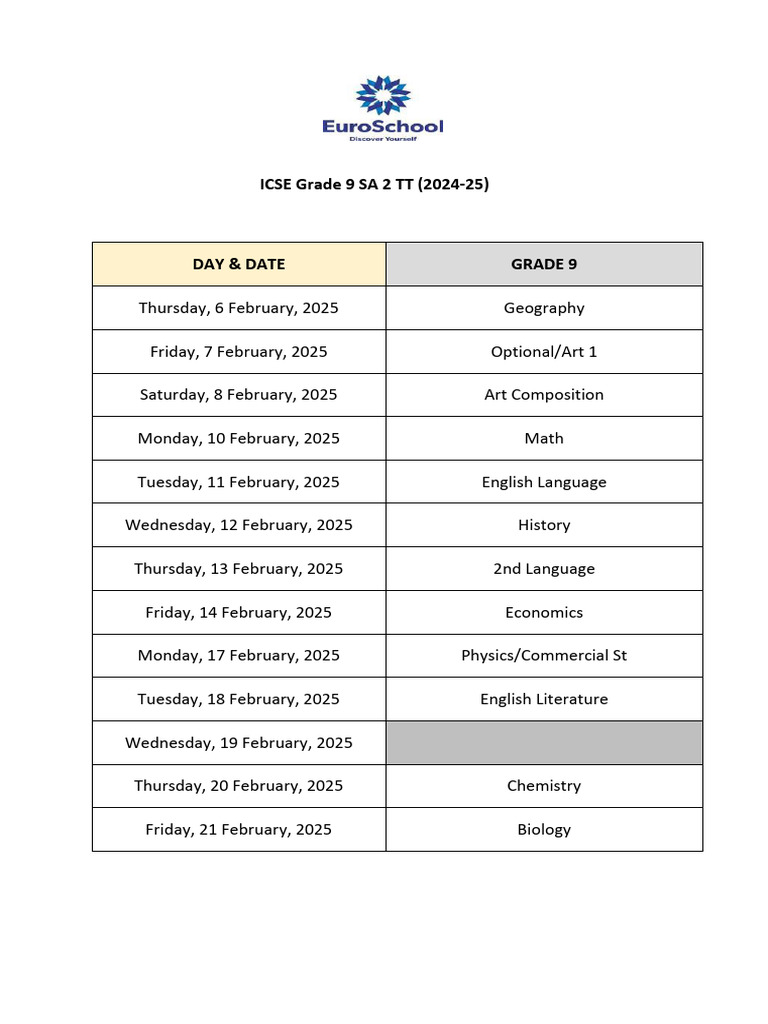 Grade 9 SA2 Timetable - 1612922112773722114.SD - PDF | PDF