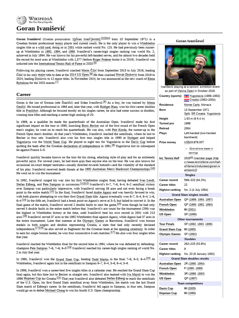 Goran Ivanišević | PDF | Tennis Tournaments | Male Tennis Players