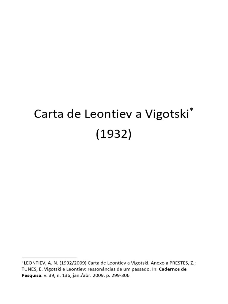 Carta de Leontiev a Vigotski (1932) | PDF | Psicologia | Pensamento