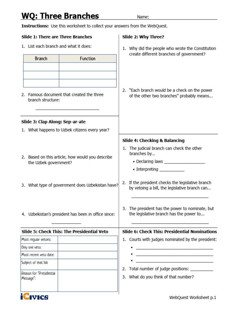 Three Branches WQ Companion Worksheet | PDF | Presidents Of The United ...