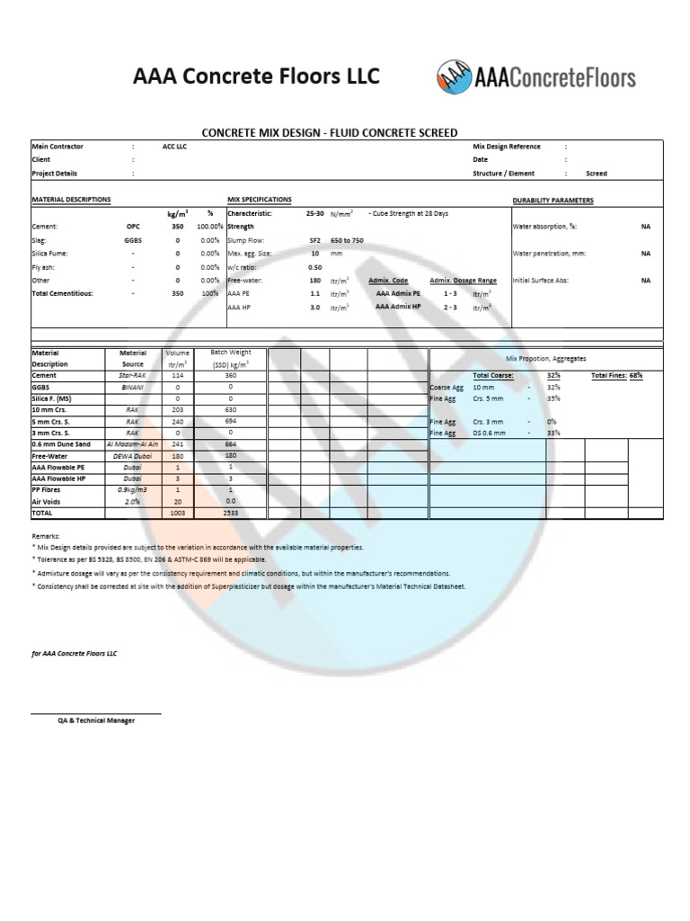 Fluid Concrete Screed Mix Design Guide | PDF | Concrete | Structural ...