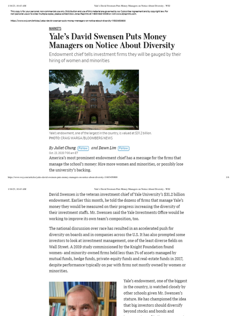 Yale’s David Swensen Puts Money Managers on Notice About Diversity ...