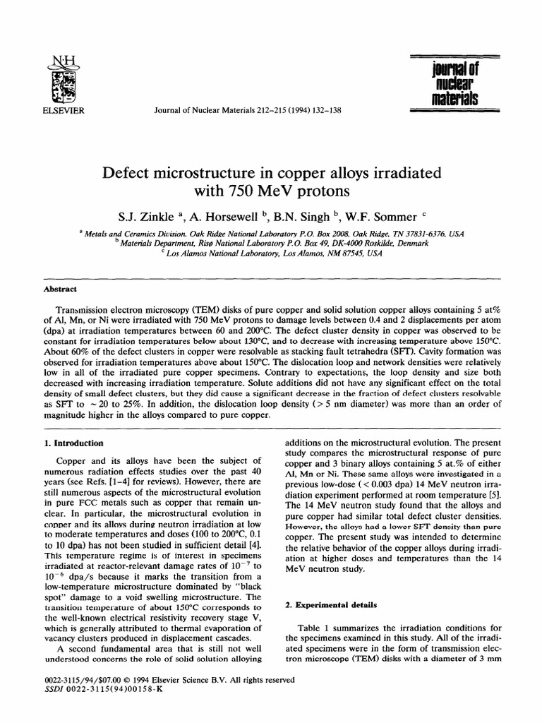Defect Microstructure in Copper Alloys Irradiated With 750 MeV Protons ...