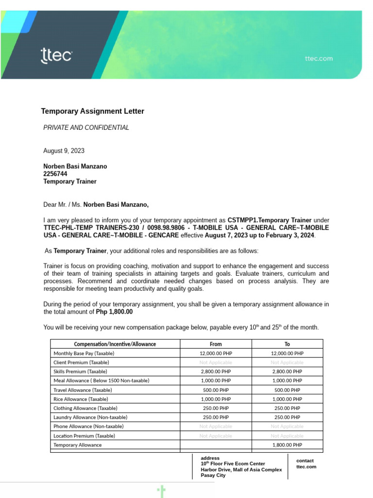Temporary Assignment Letter_Norben Manzano | PDF