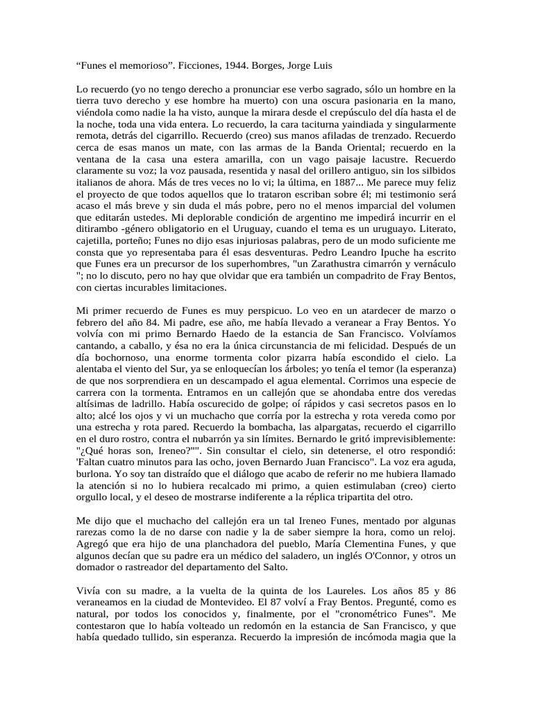 Funes El Memorioso | PDF | Pensamiento | Experiencia