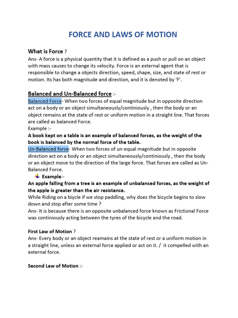 Force and Laws of Motion Class 9 Notes by B.S | PDF | Force | Newton's ...