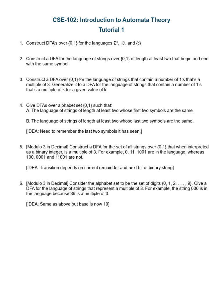 CSE-102: Introduction To Automata Theory Tutorial 1 | PDF
