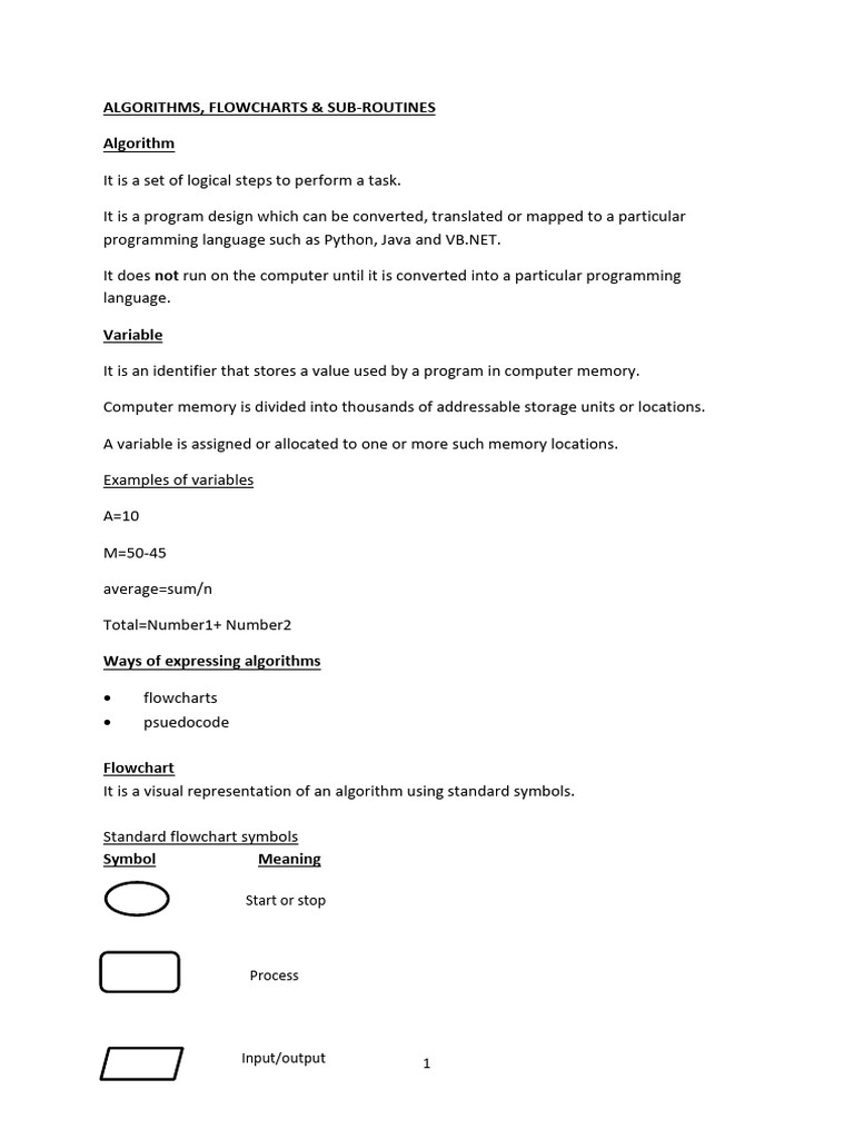 Algorithms Flowcharts And Subroutines Notes 1 Pdf Computer Program