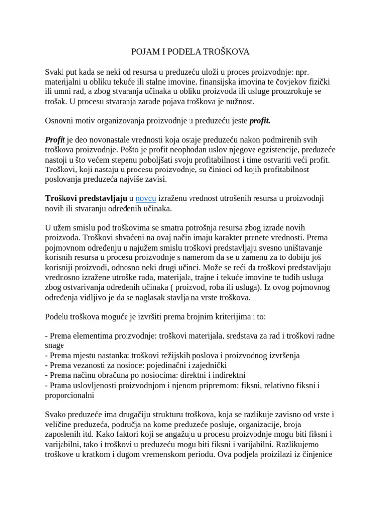 Pojam I Podela Troškova | PDF