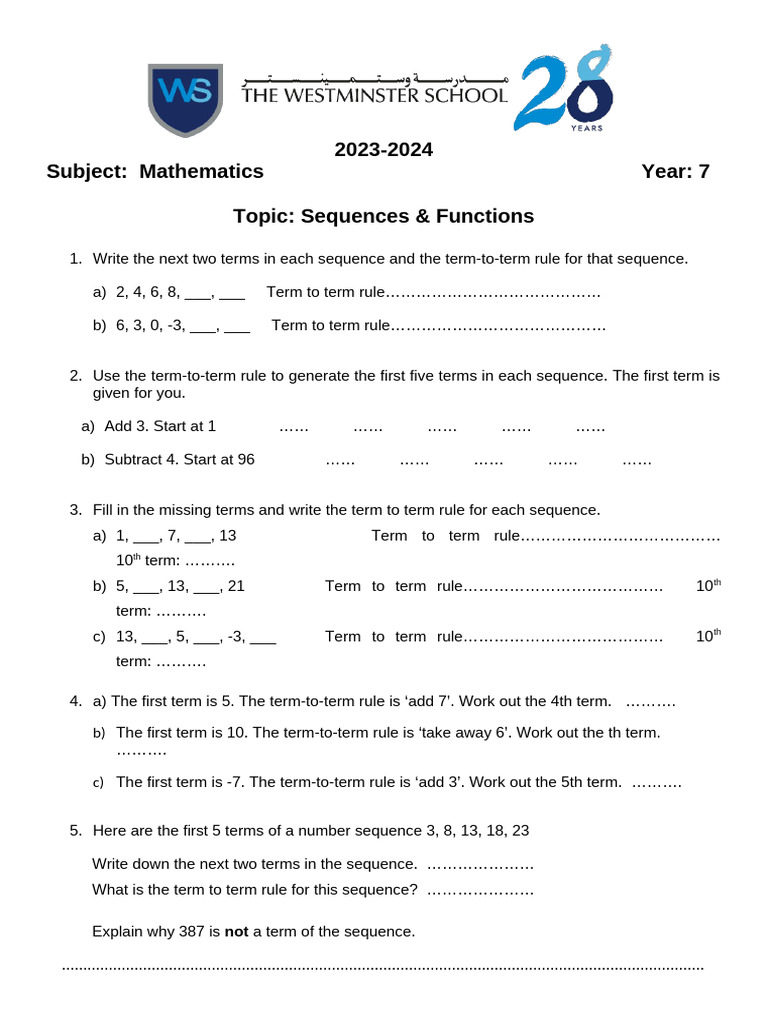 Year 7 - WS - Sequences and Functions | PDF | Mathematics ...