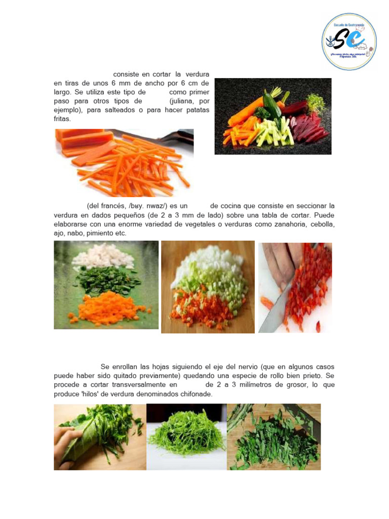 Técnicas de Corte de Verduras en Cocina | PDF | Vegetales | Alimentos