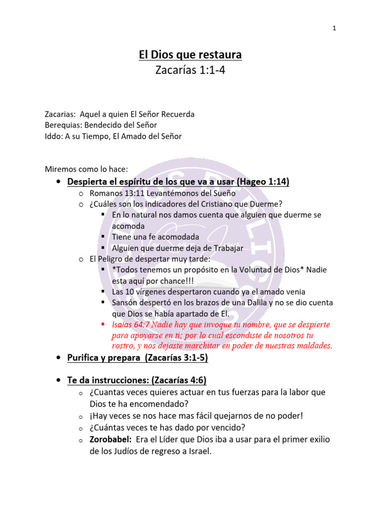 Restauración Espiritual según Zacarías | PDF | Libro de Zacarías | Dios