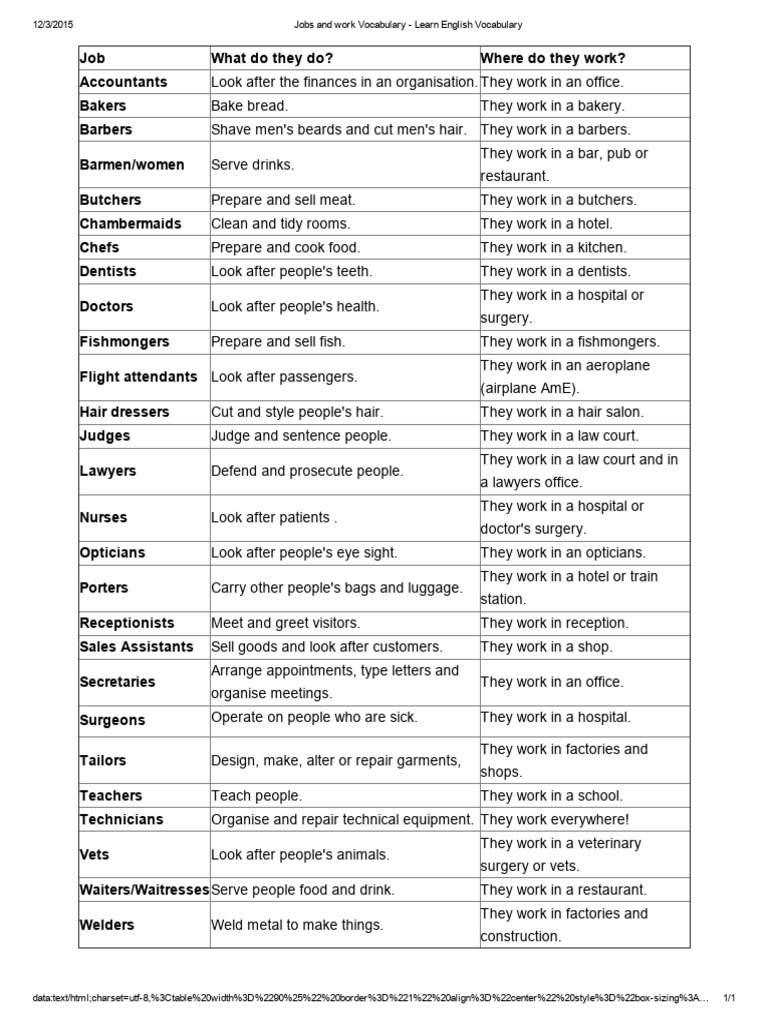 Jobs and Work Vocabulary Guide | PDF
