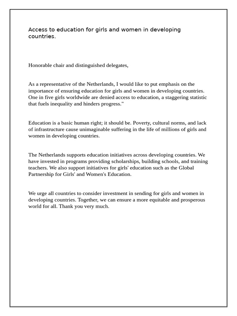 Access To Education For Girls and Women in Developing Countries | PDF