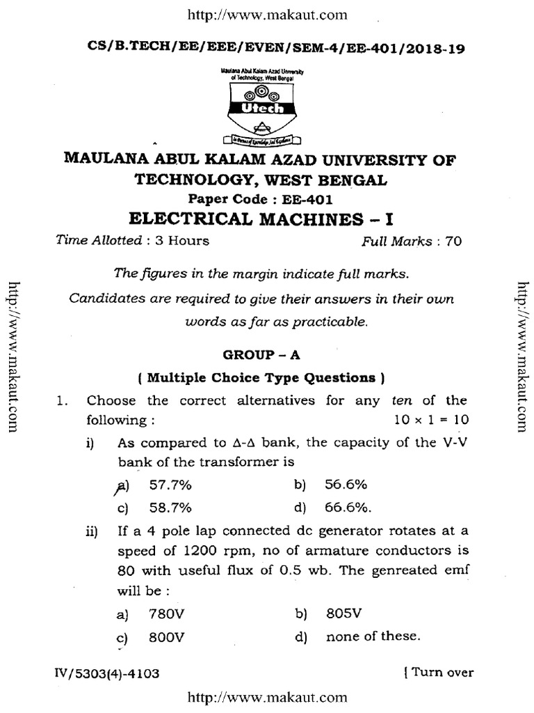 Btech Ee 401 Electrical Machines 1 2019 | PDF