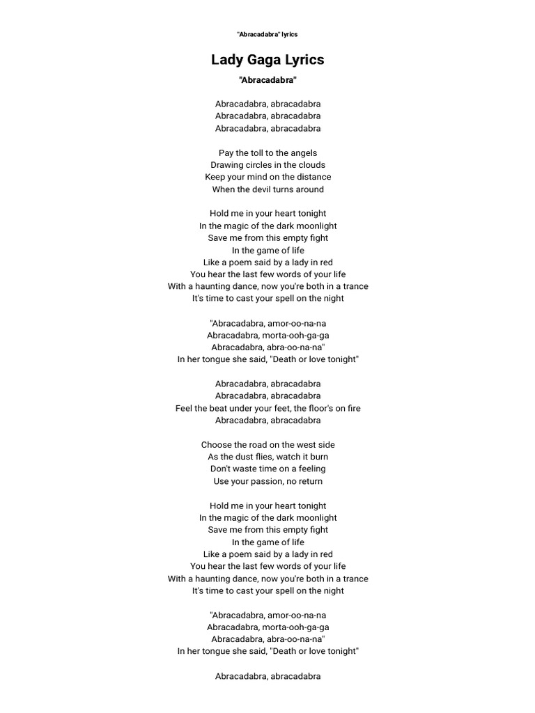 Lady Gaga - Abracadabra Lyrics _ AZLyrics.com | PDF