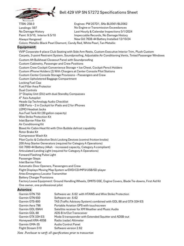 Bell 429 VIP Specifications Sheet | PDF | Cockpit | Avionics