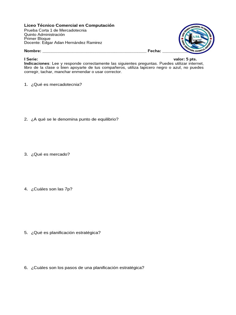 Prueba Corta Mercadotecnía - Copia-1 | PDF