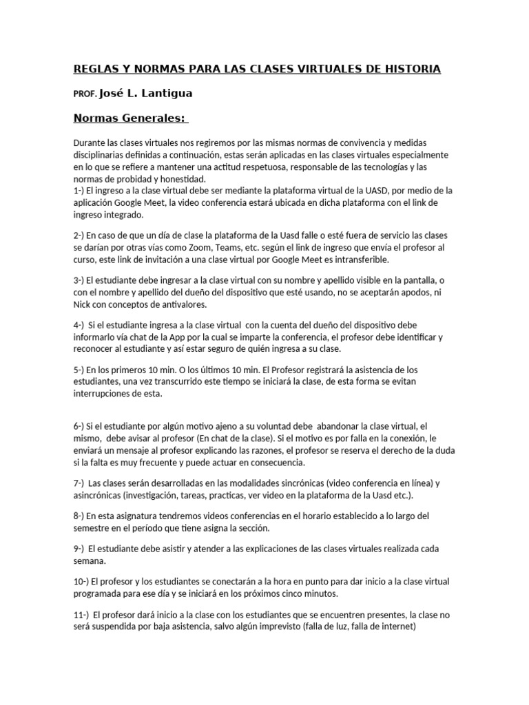 Reglas y Normas para Las Clases Virtuales | PDF | Chat en linea | Maestros