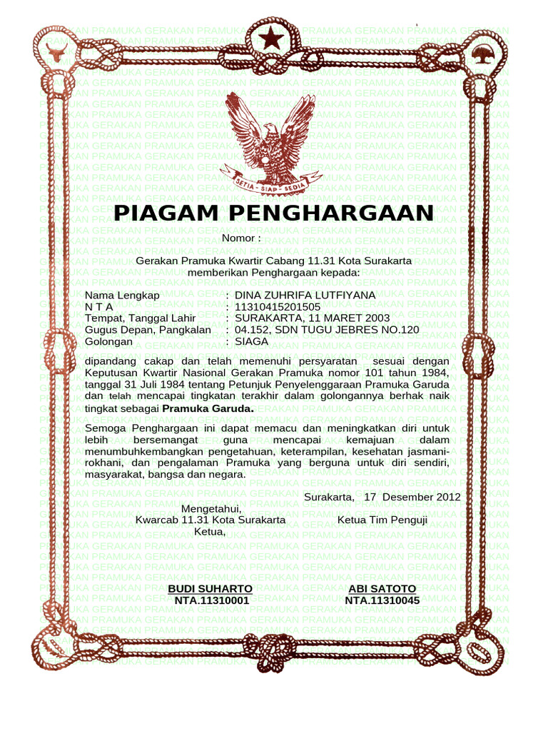 Penghargaan Pramuka Garuda untuk Dina | PDF