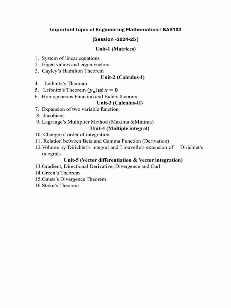 Important Topics and Questions Maths-I BAS103 | PDF