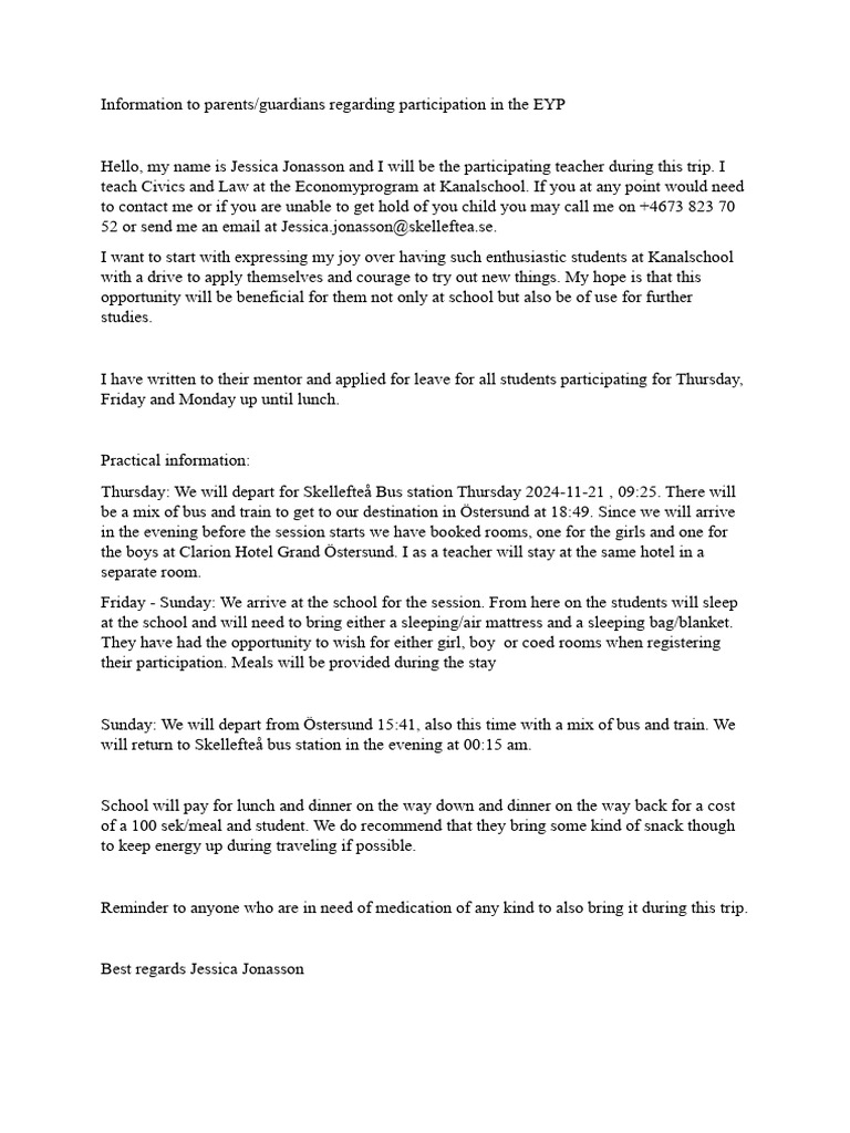 EYP Info Letter To Parents or Guardians | PDF